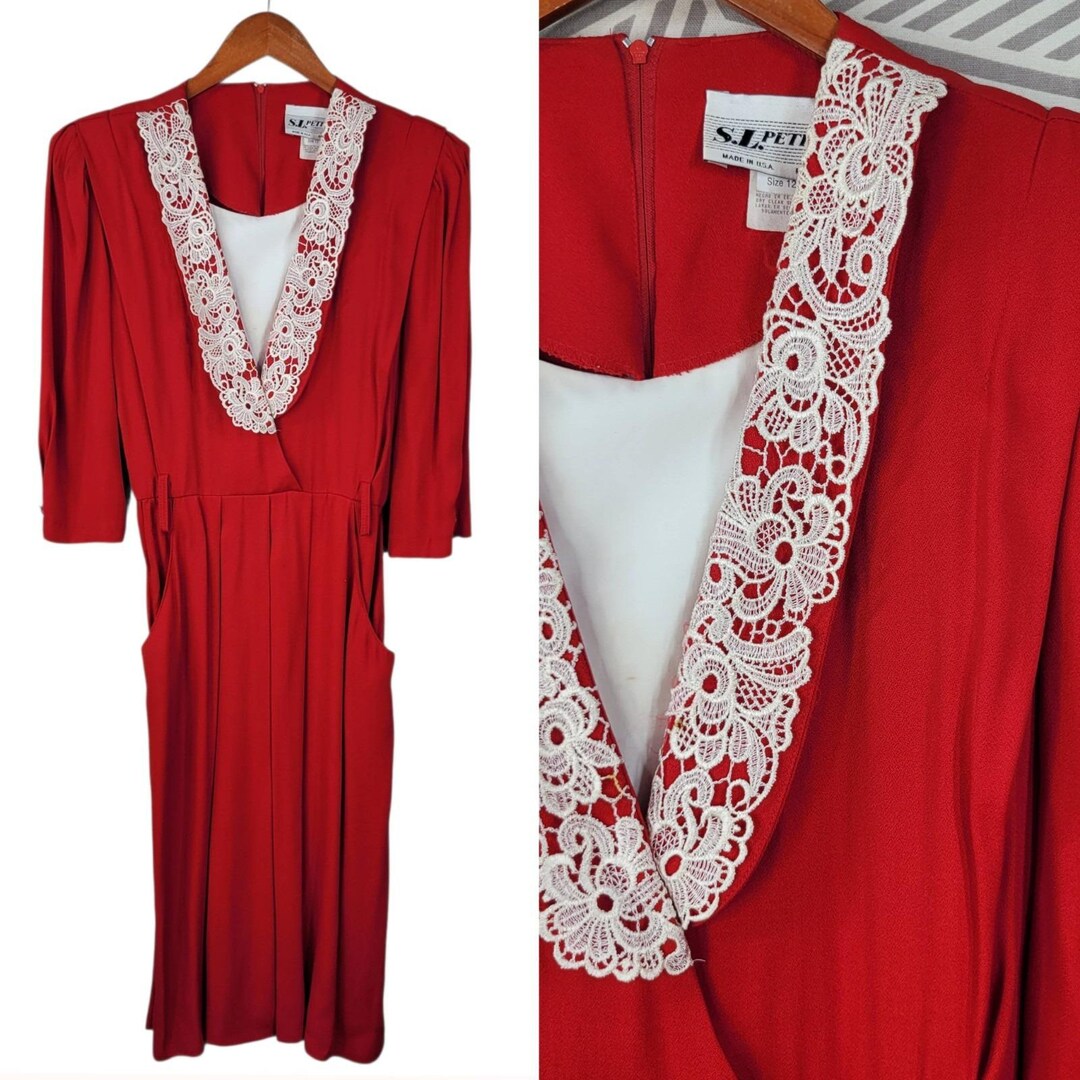 Vintage Power Suit Jacket Dress Size 12 Petite Career Red FLAW Lace ...
