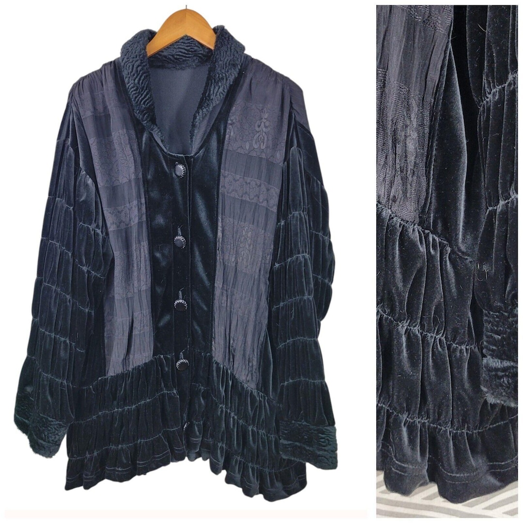 Vintage Gothic Victorian Velvet Jacket 14 Large XL Faux Fur Trim Alt ...