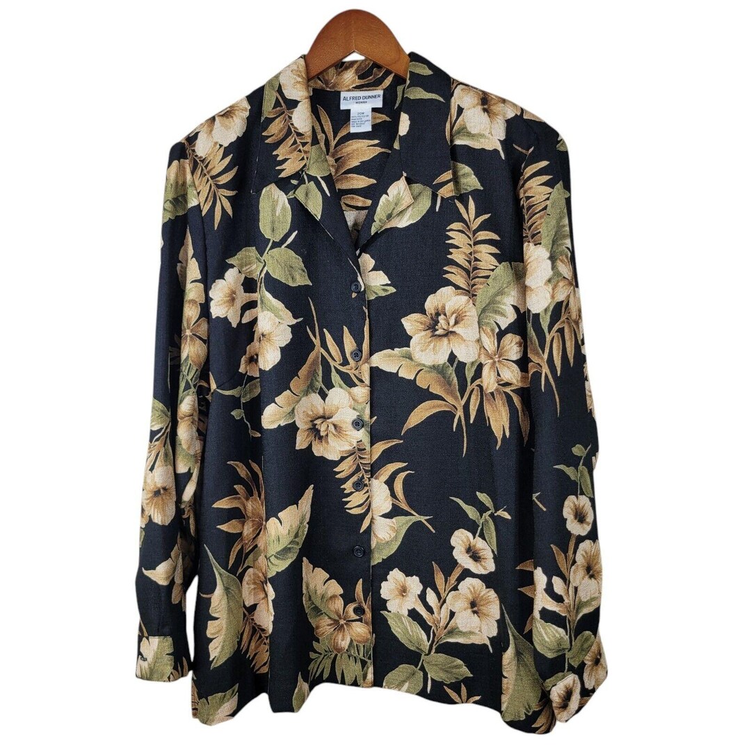 Vintage Hawaiian Tropical Jacket Plus Size 20W Floral Black Hibiscus ...
