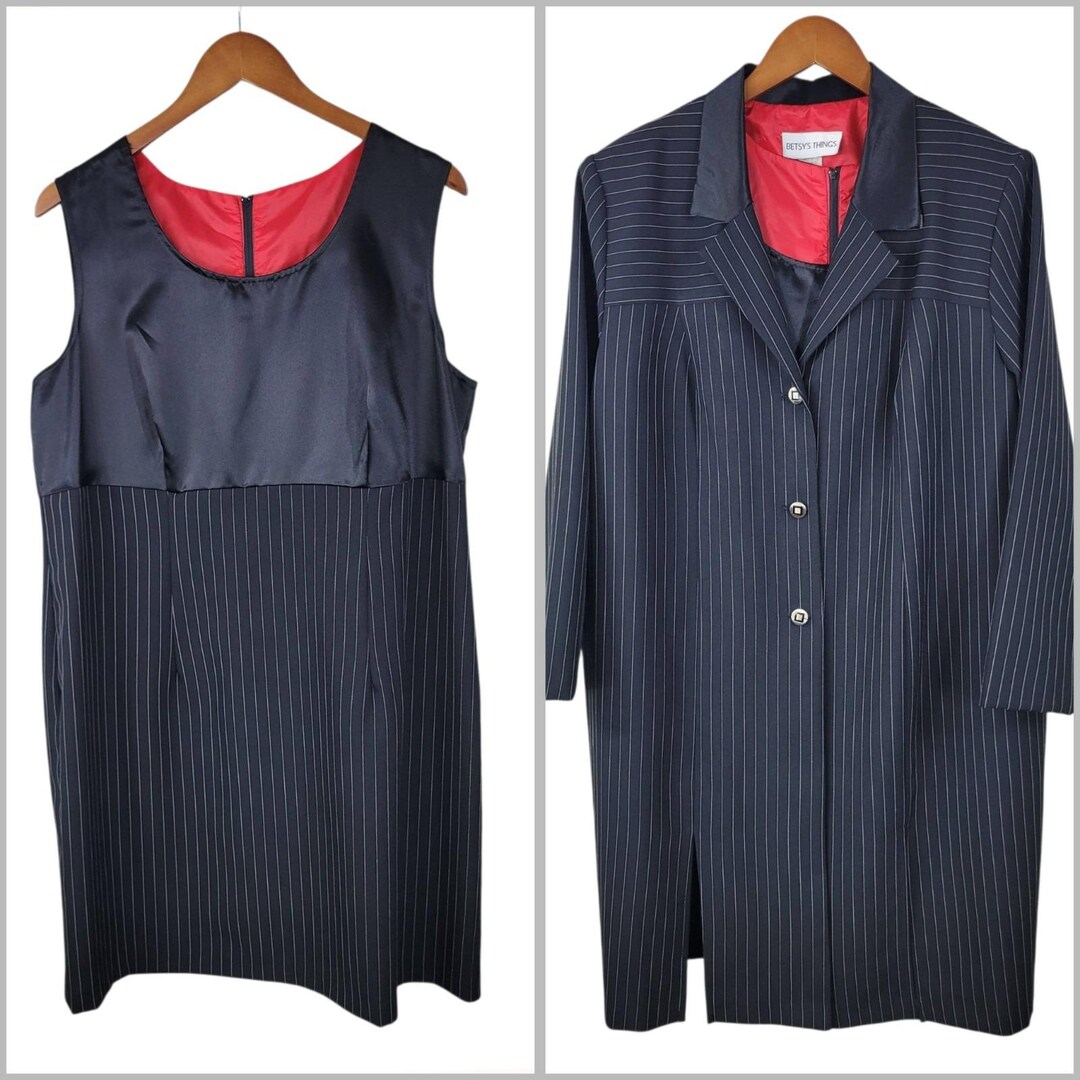 Vtg Power Suit Jacket Dress Set Plus 16 18 Evening Black Long Blazer ...