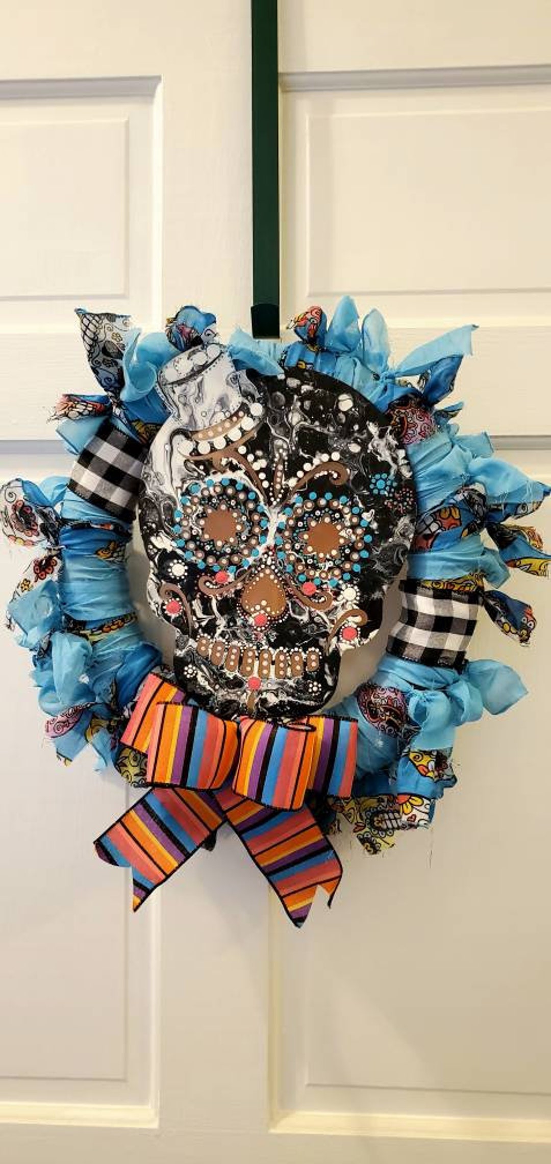 Day of the Dead Rag Wreath Hand Painted, Dia De Muertos Wreath ...