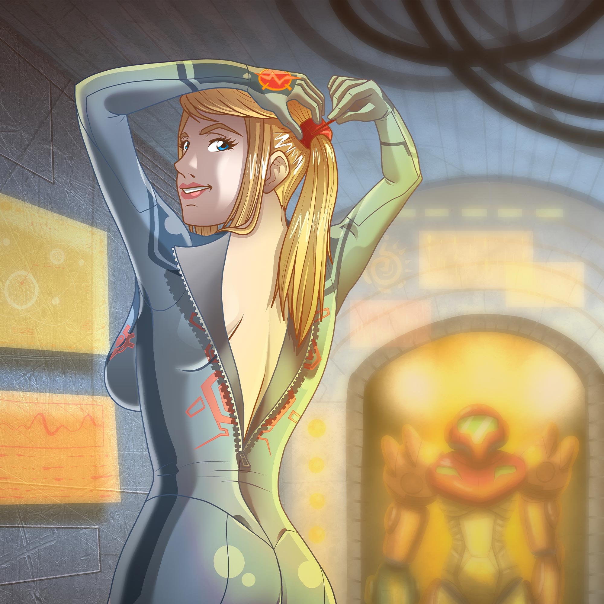 Samus Aran Having Trouble Zipping Up Zero Suit From Metroid Etsy