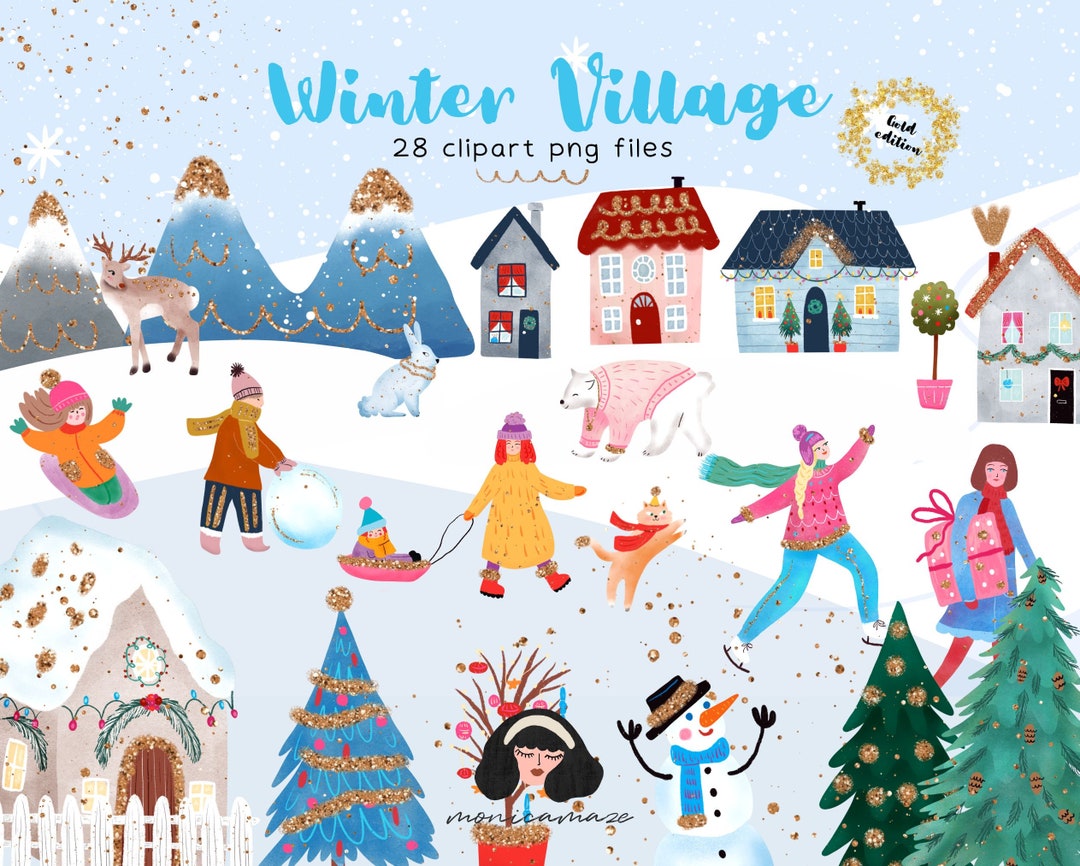 Festive Winter Village Clipart - Winter Wonderland, Christmas Town ...