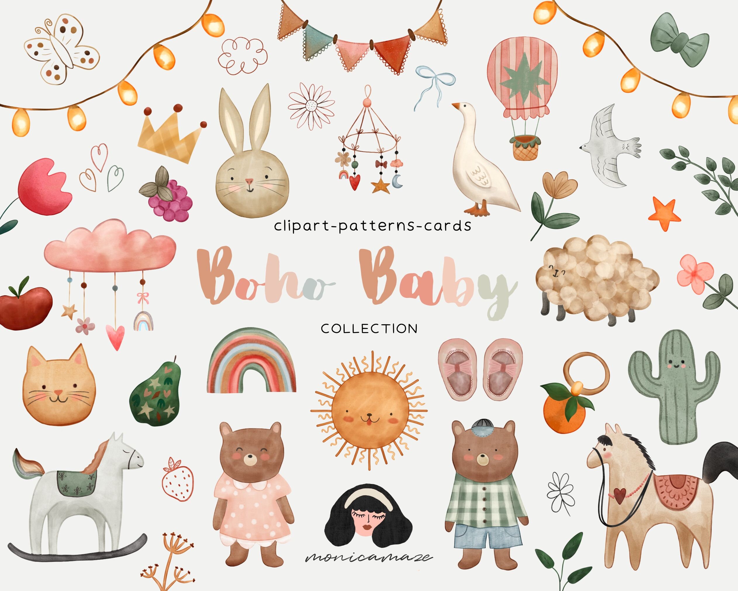 Boho Baby Watercolor Clipart, Cute Nursery Digital Papers, Boho Kid ...