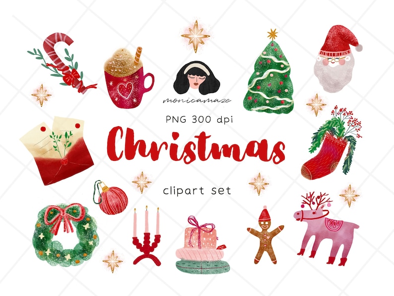 Christmas Watercolor Clipart - Santa, Reindeer, Presents, Wreath ...