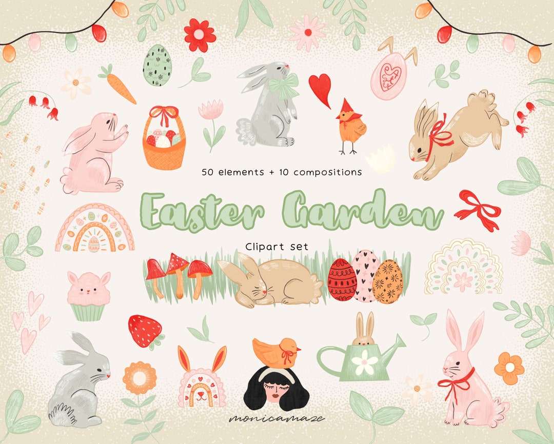 Easter Garden Clipart Set, Spring Hand Drawn Clipart, Doodle Bunnies ...