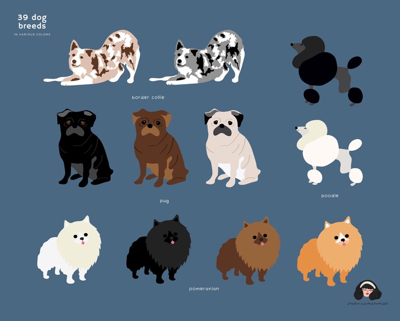 Dog Clipart Set Hand Drawn Most Popular Dog Breeds Digital PNG Vector ...