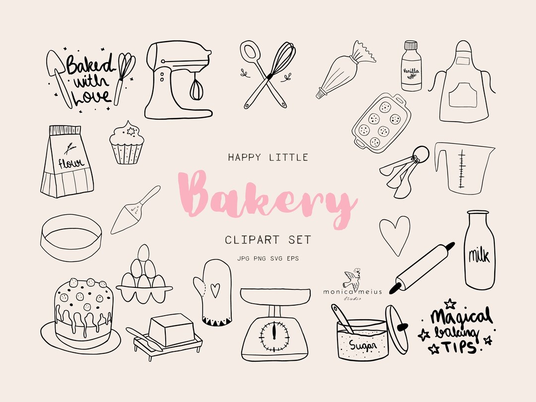 Baking Clip Art, Bakery SVG Lineart Set, Kitchen Tools Cake Bake Muffin ...