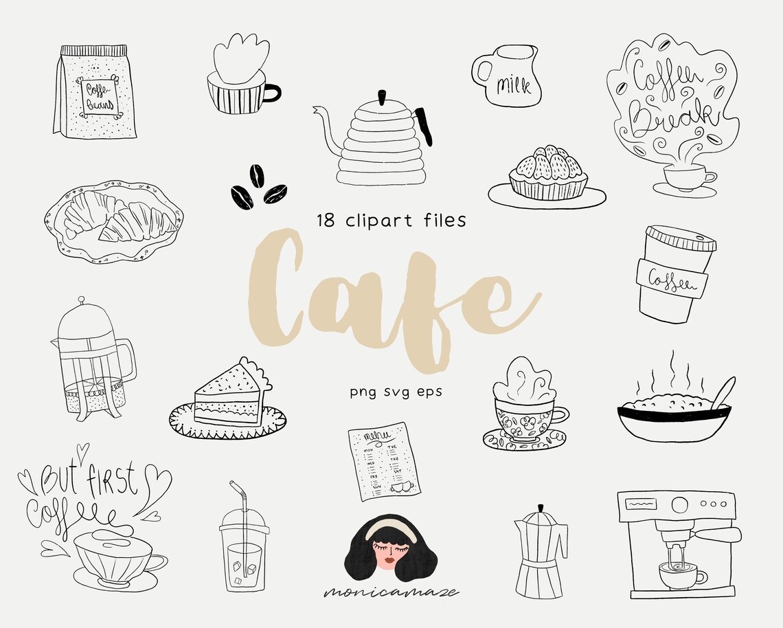 Coffee Shop Clip Art, Cafe SVG Lineart Set, Coffee Croissant Breakfast ...