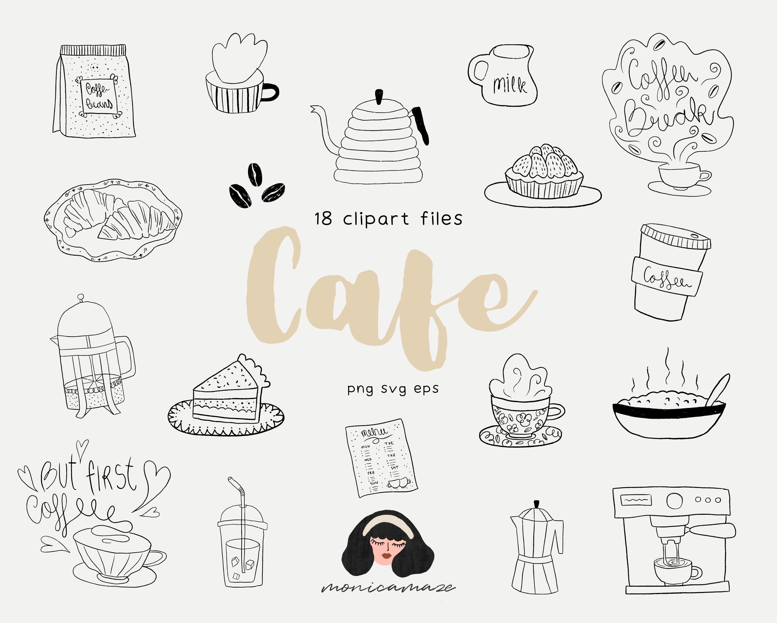 Coffee Shop Clip Art, Cafe SVG Lineart Set, Coffee Croissant Breakfast ...
