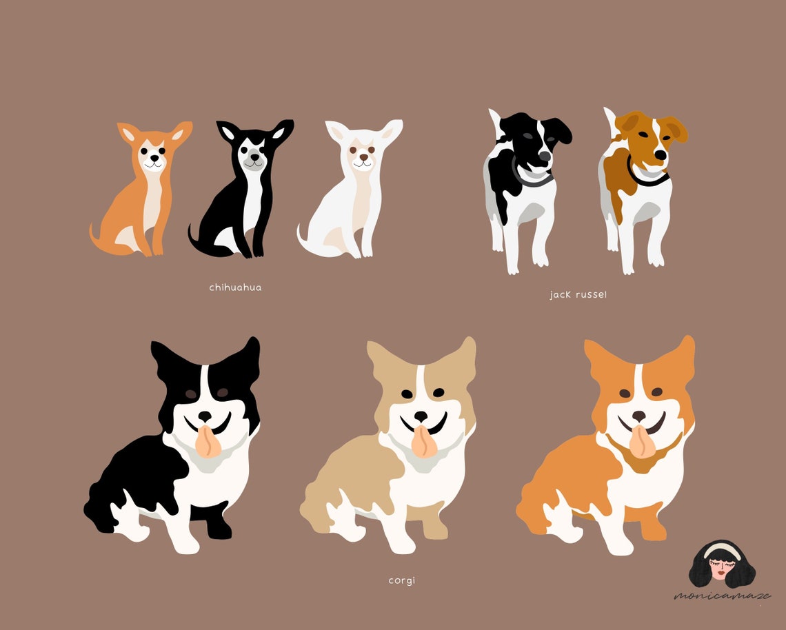 Dog Clipart Set Hand Drawn Most Popular Dog Breeds Digital PNG Vector ...