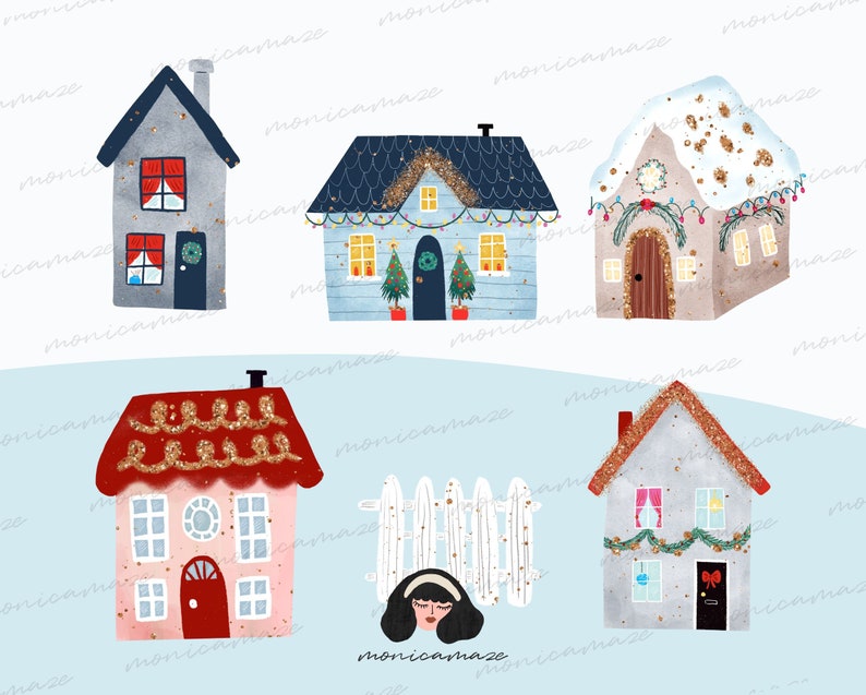 Festive Winter Village Clipart - Winter Wonderland, Christmas Town ...