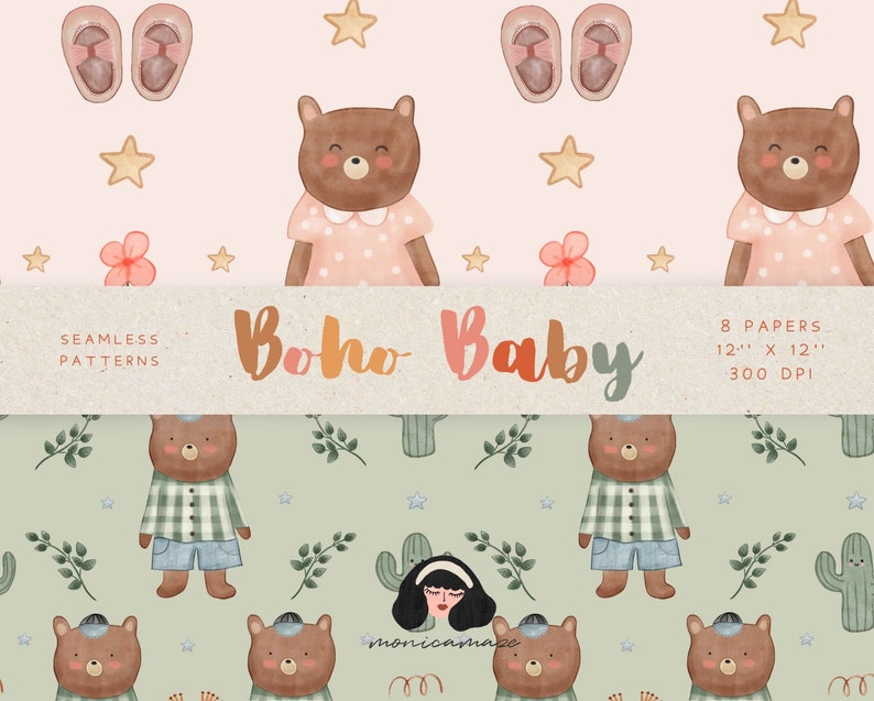 Boho Baby Watercolor Clipart, Cute Nursery Digital Papers, Boho Kid ...