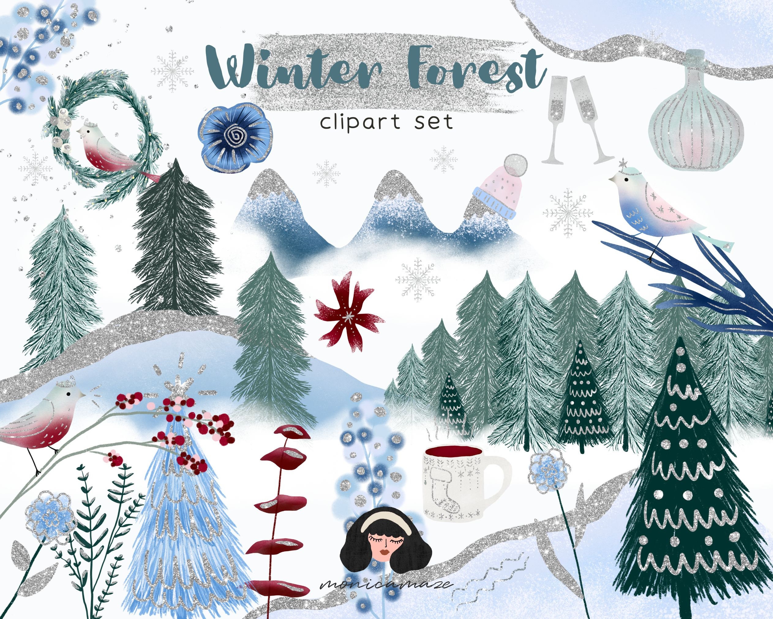Winter Forest Clipart - Winter Wonderland Graphics, Winter Scene ...