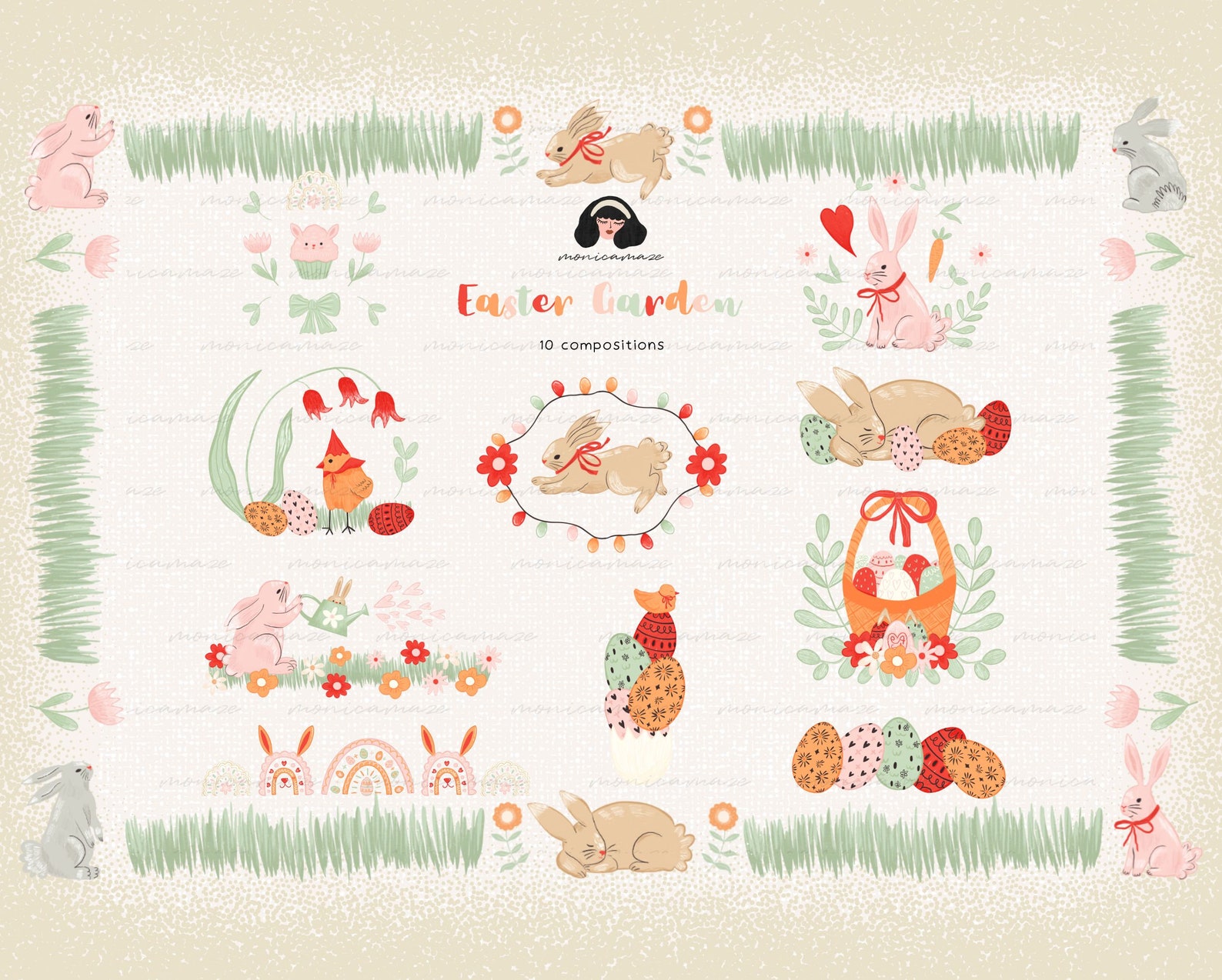Easter Garden Clipart Set, Spring Hand Drawn Clipart, Doodle Bunnies ...