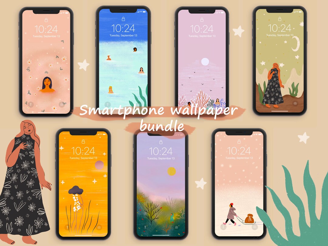 Colorful iPhone Lock Screen Wallpaper Pack, Seasons Illustration ...