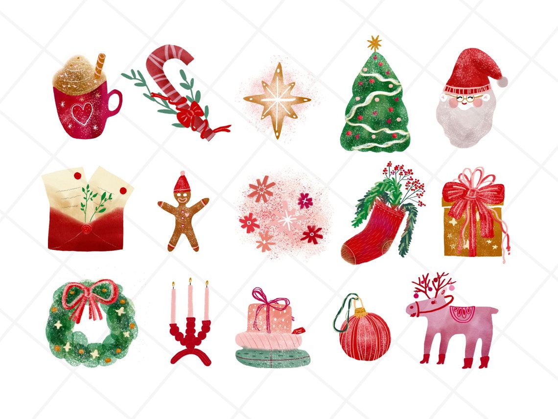 Christmas Watercolor Clipart Santa, Reindeer, Presents, Wreath ...