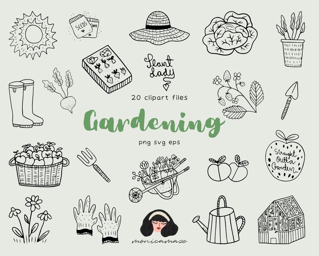 Gardening Clipart, Garden SVG Lineart Set, Plant Lady Greenhouse ...