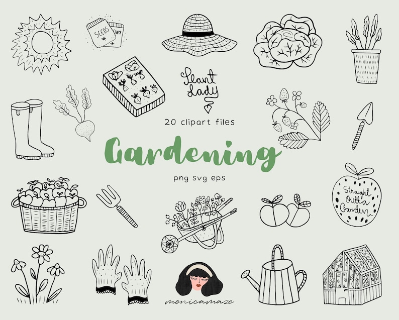 Gardening Clipart, Garden SVG Lineart Set, Plant Lady Greenhouse ...