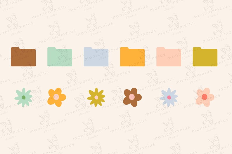 12 Retro Floral Desktop Icon Set, Vintage Groovy Computer Organizer ...