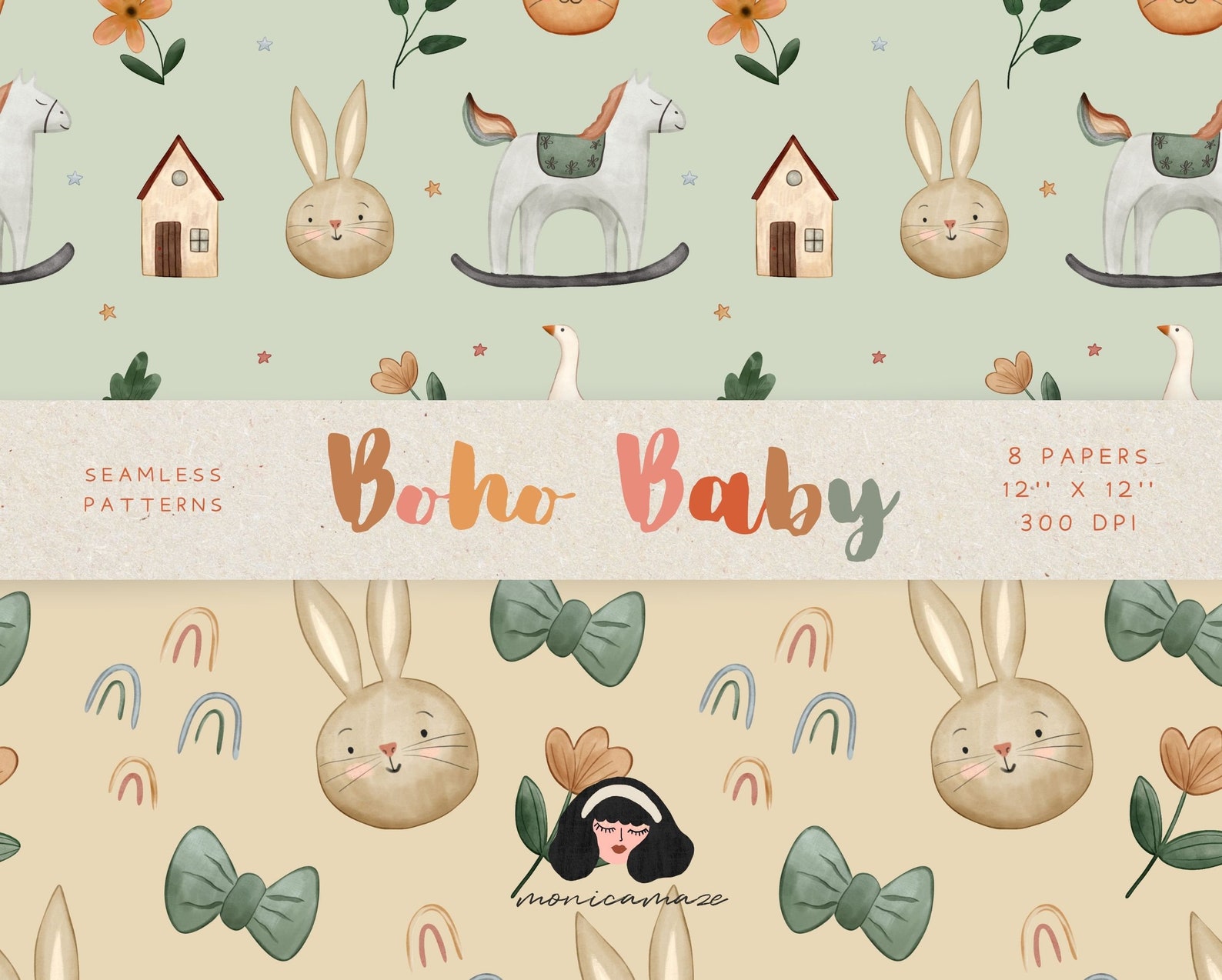 Boho Baby Watercolor Clipart, Cute Nursery Digital Papers, Boho Kid ...