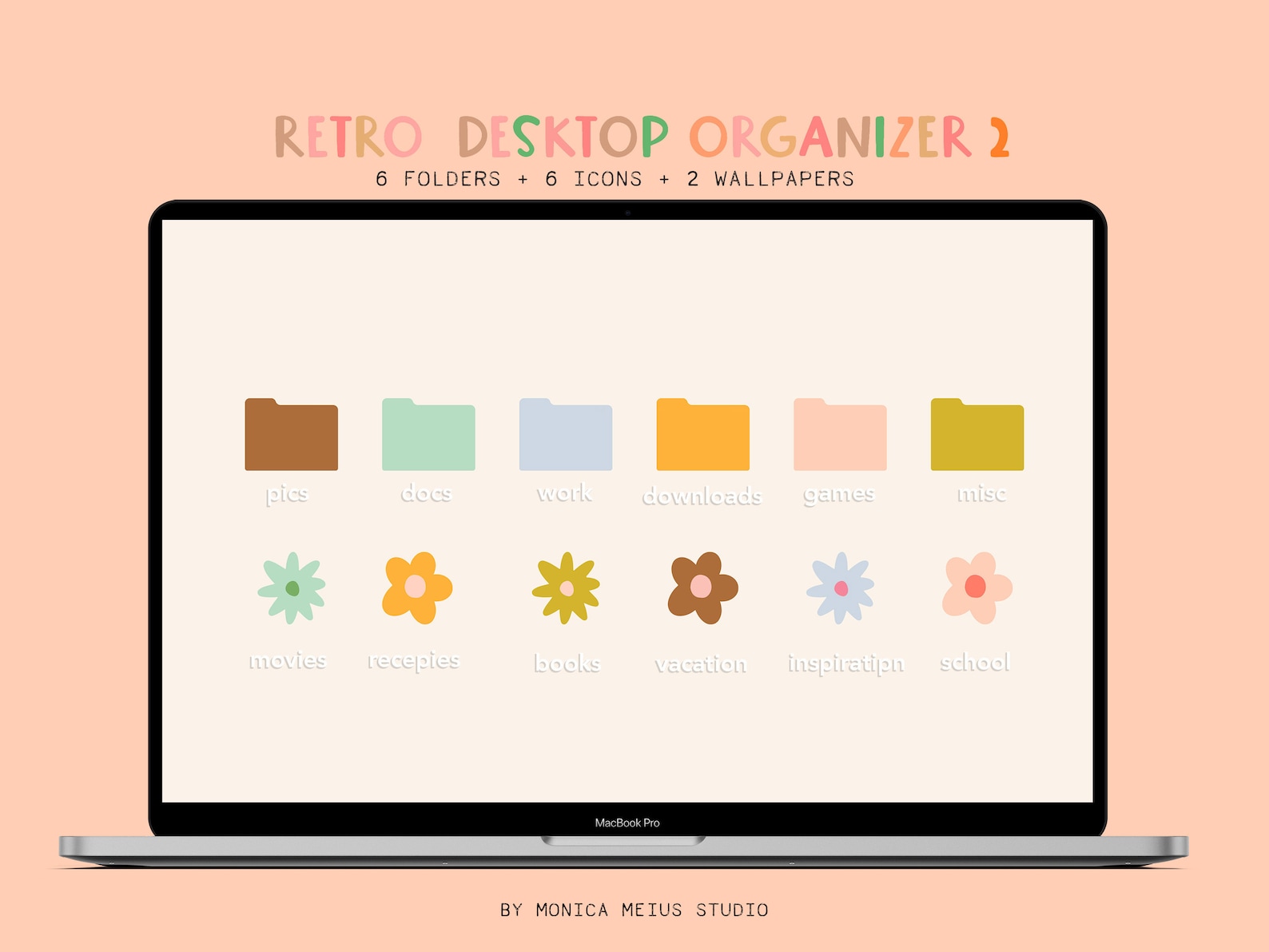 12 Retro Floral Desktop Icon Set, Vintage Groovy Computer Organizer ...
