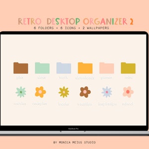 12 Retro Floral Desktop Icon Set, Vintage Groovy Computer Organizer ...