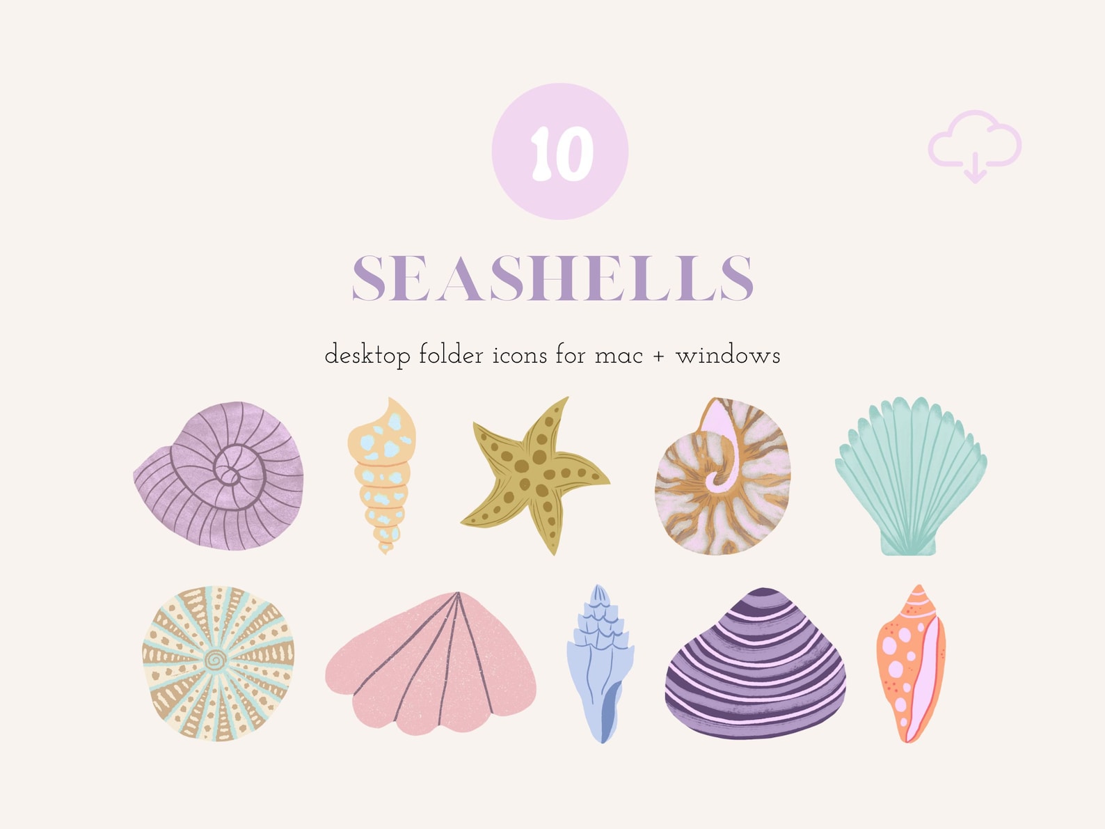 Desktop Icon Set | 10 Seashell Icons for Mac + Windows Computers | Hand ...