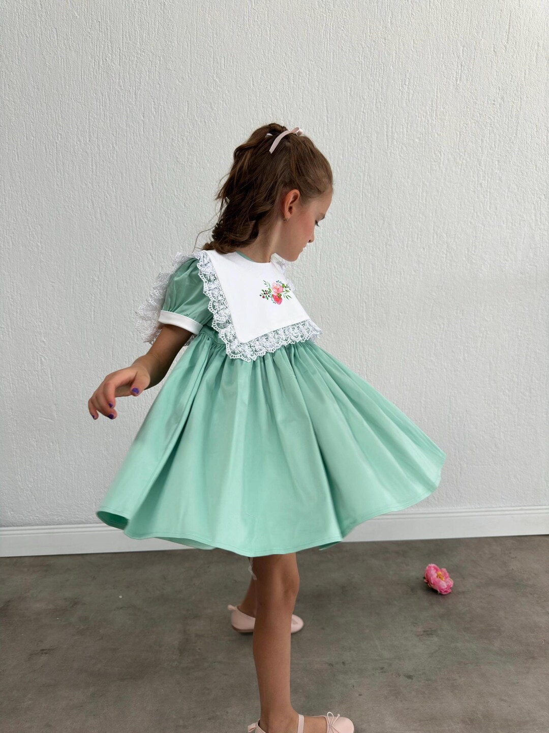 Vintage Puff Sleeve Girls Dress With Detachable Bib – Handmade Cotton ...
