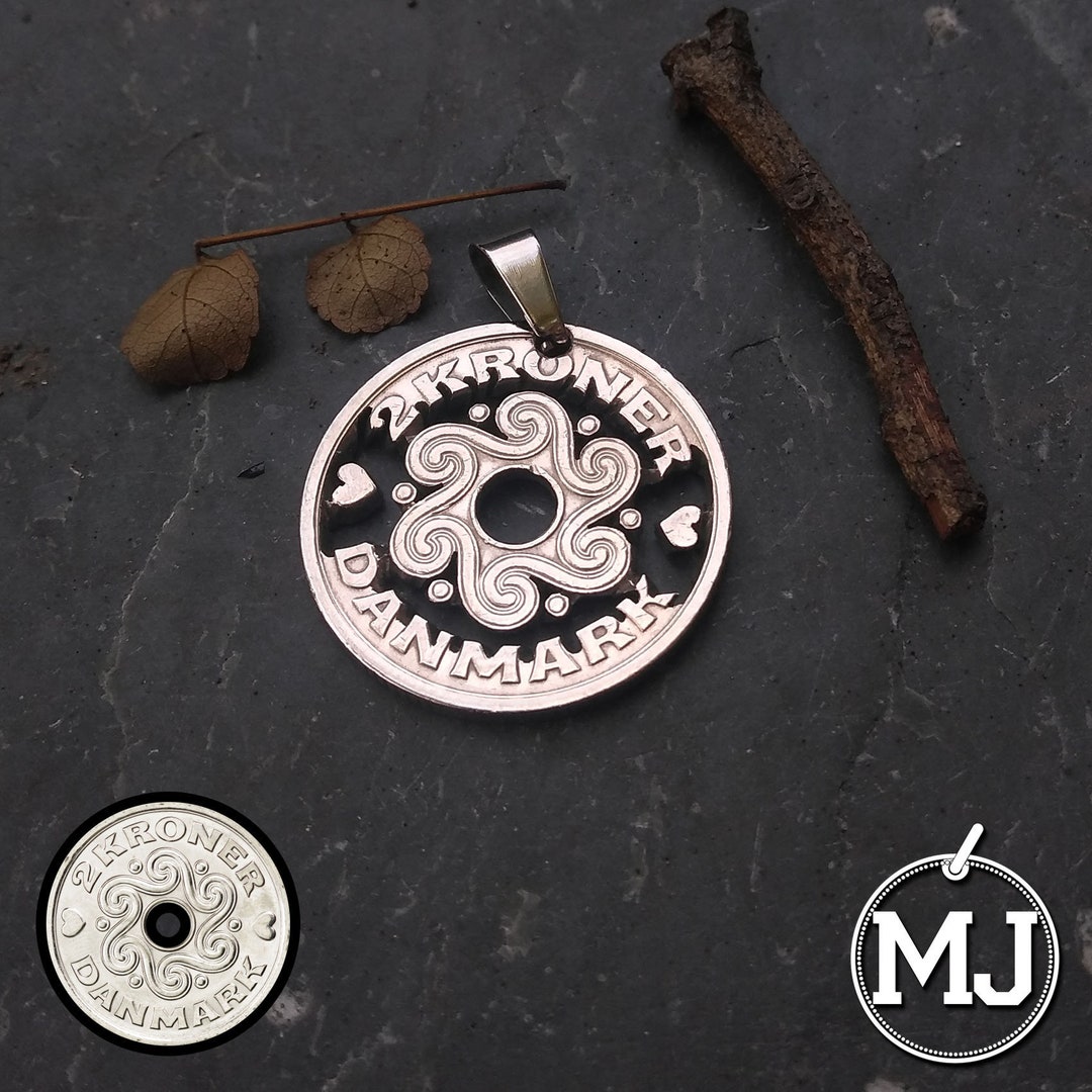 DENMARK 2 Kroner Cut Coin, Denmark Cut Coin, Heart Necklace, Denmark ...