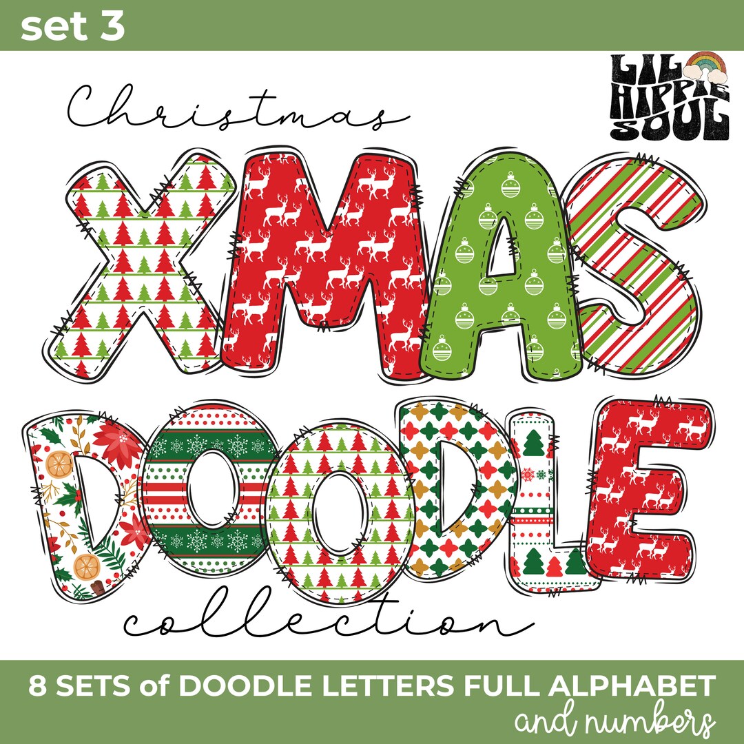 Christmas Doodle Letters, Alphabet Doodle Font, Sublimation Designs ...