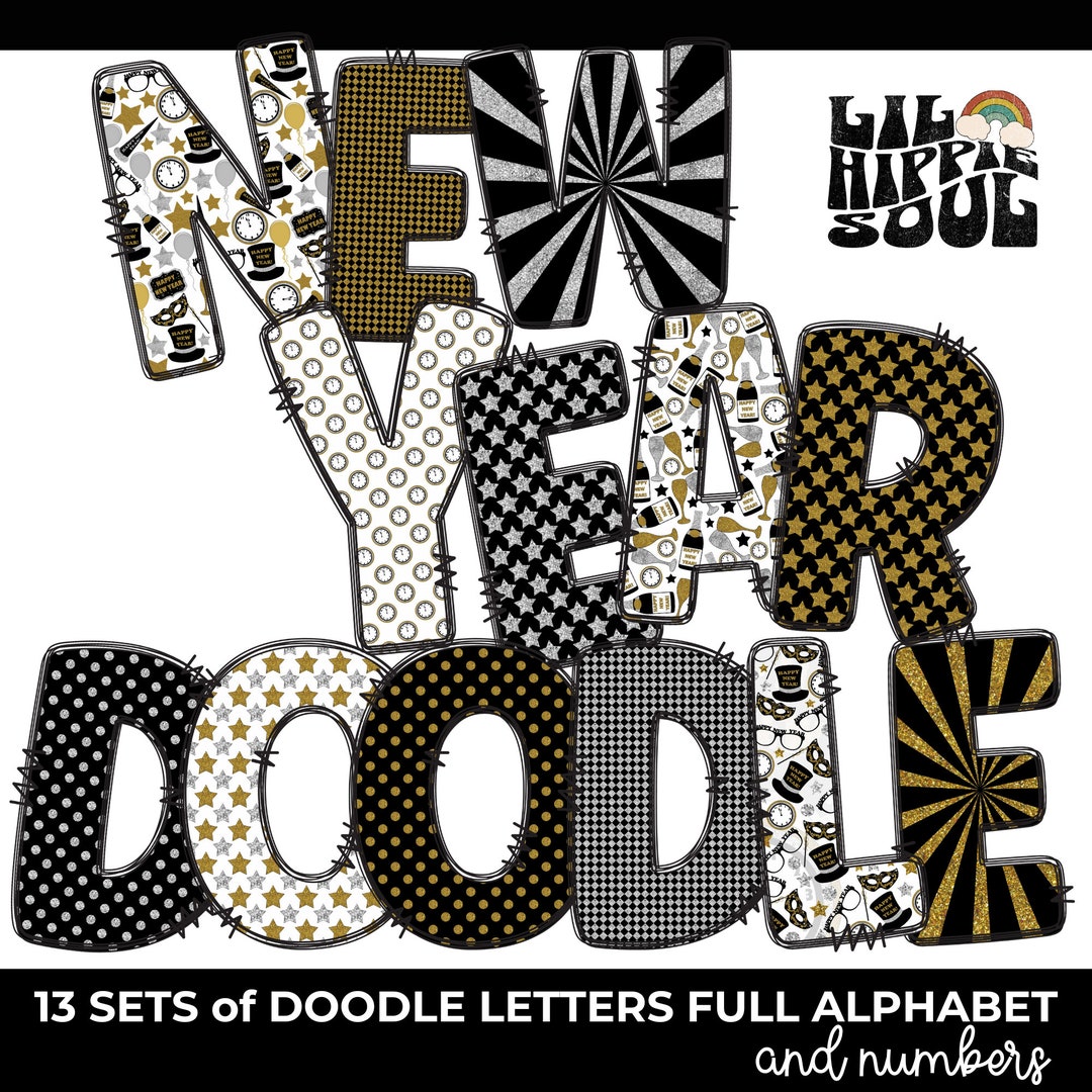 New Year PNG Doodle Letters, Alphabet Doodle Font, Sublimation Designs ...
