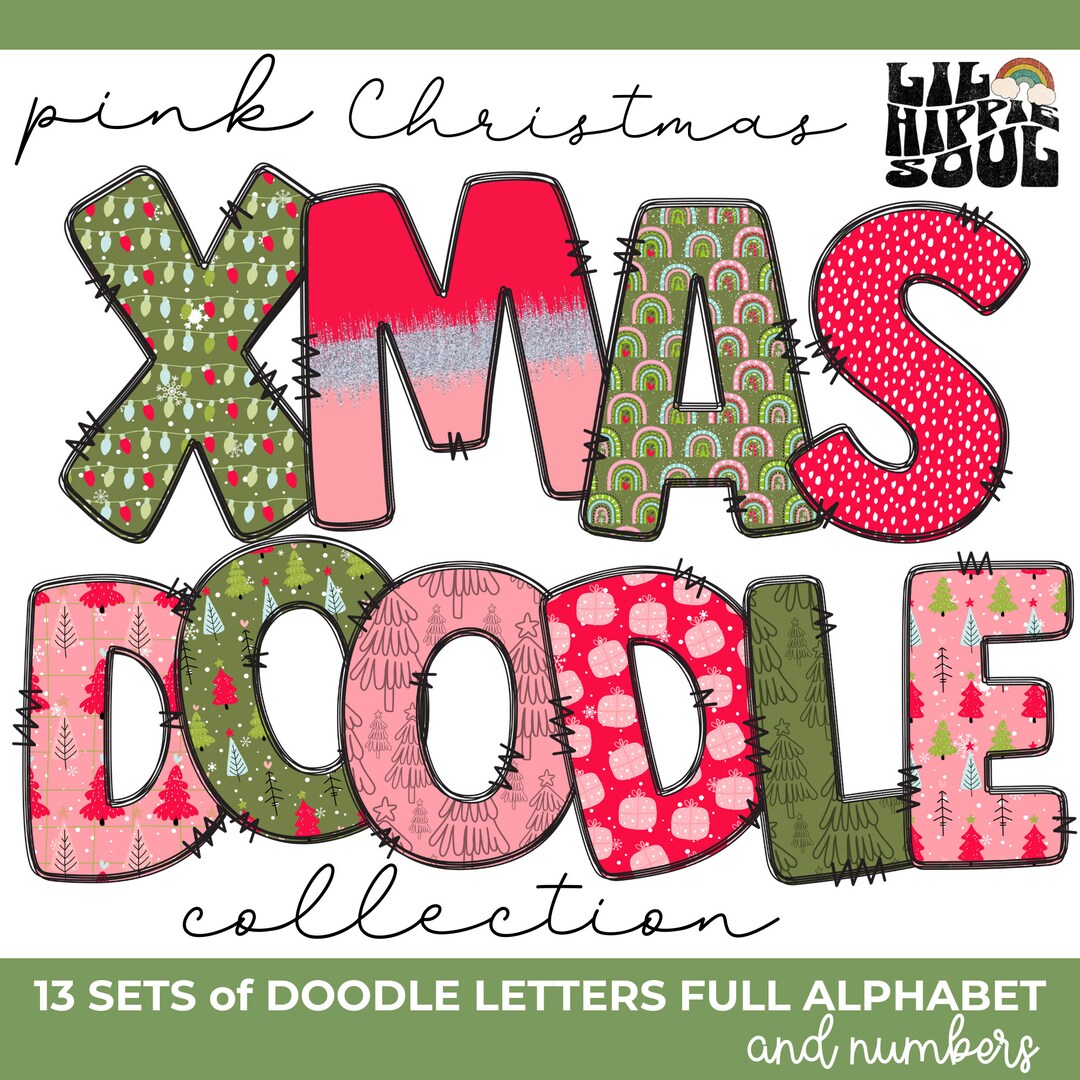 Pink Christmas PNG Doodle Letters, Alphabet Doodle Font, Sublimation ...