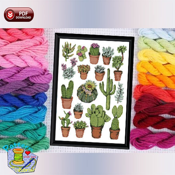 A SET of 17 Cactus Cross Stitch Pattern Succulent Cross | Etsy