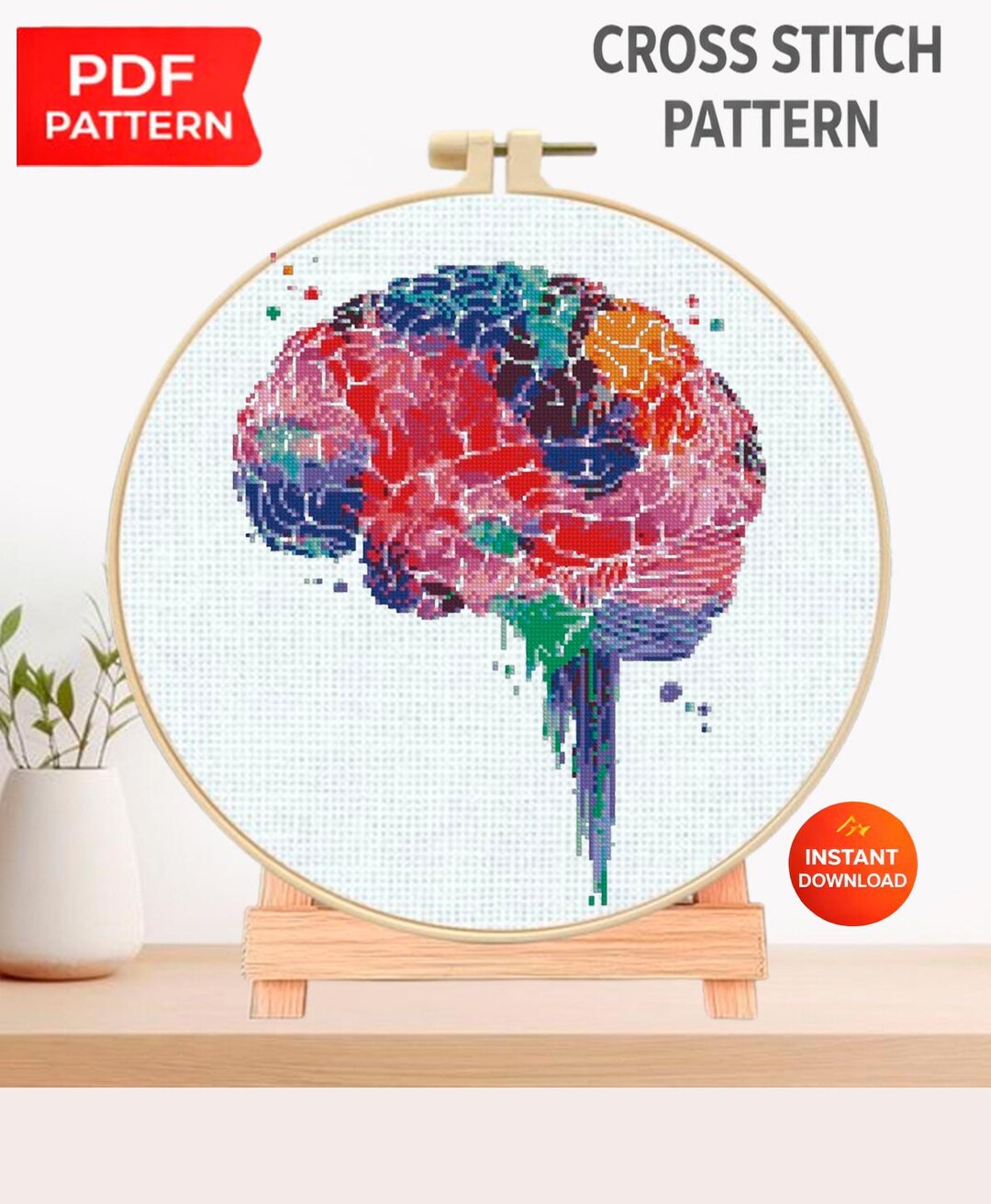 Colorful Brain Cross Stitch Pattern PDF, Human Anatomy Embroidery ...