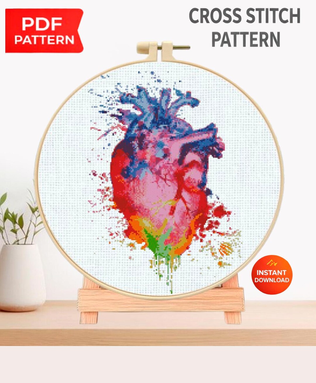 Colorful Anatomical Heart Cross Stitch Pattern PDF, Rainbow Heart ...