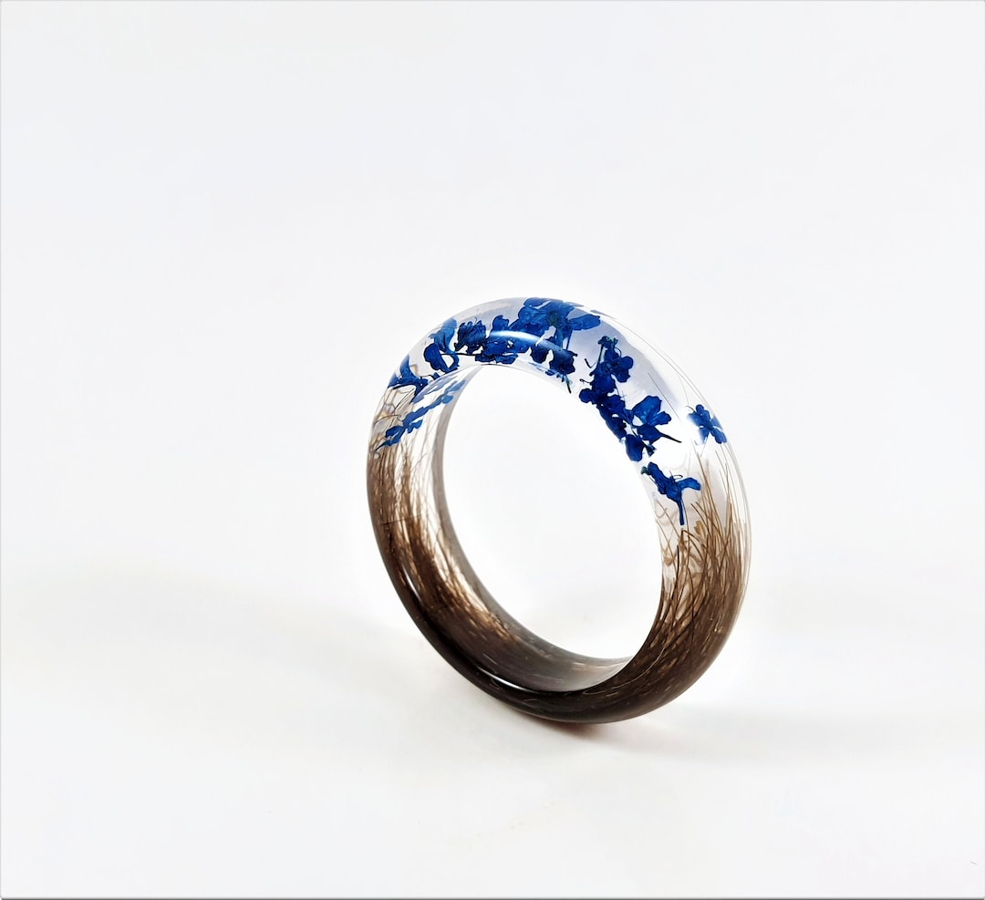 Lock of Hair Ring, Hair Keepsake Jewellery, Blue Flower Memorial Ring ...