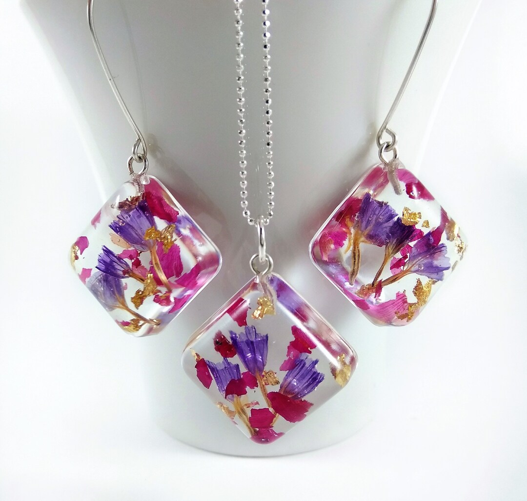Real Flower Jewelry Set: Sterling Silver Resin Necklace and Earrings - Etsy