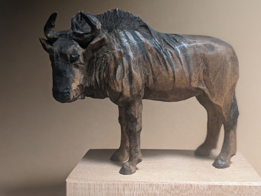 Hand-carved Wooden Gnu Sculpture: Watercolor Painted Antelope Figure - Etsy