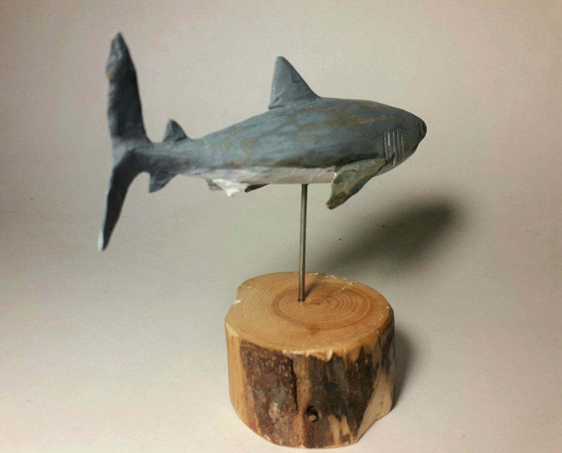 Shark Sculpture, Wooden Shark Figurine, Fish Collectors, Hand Carved ...