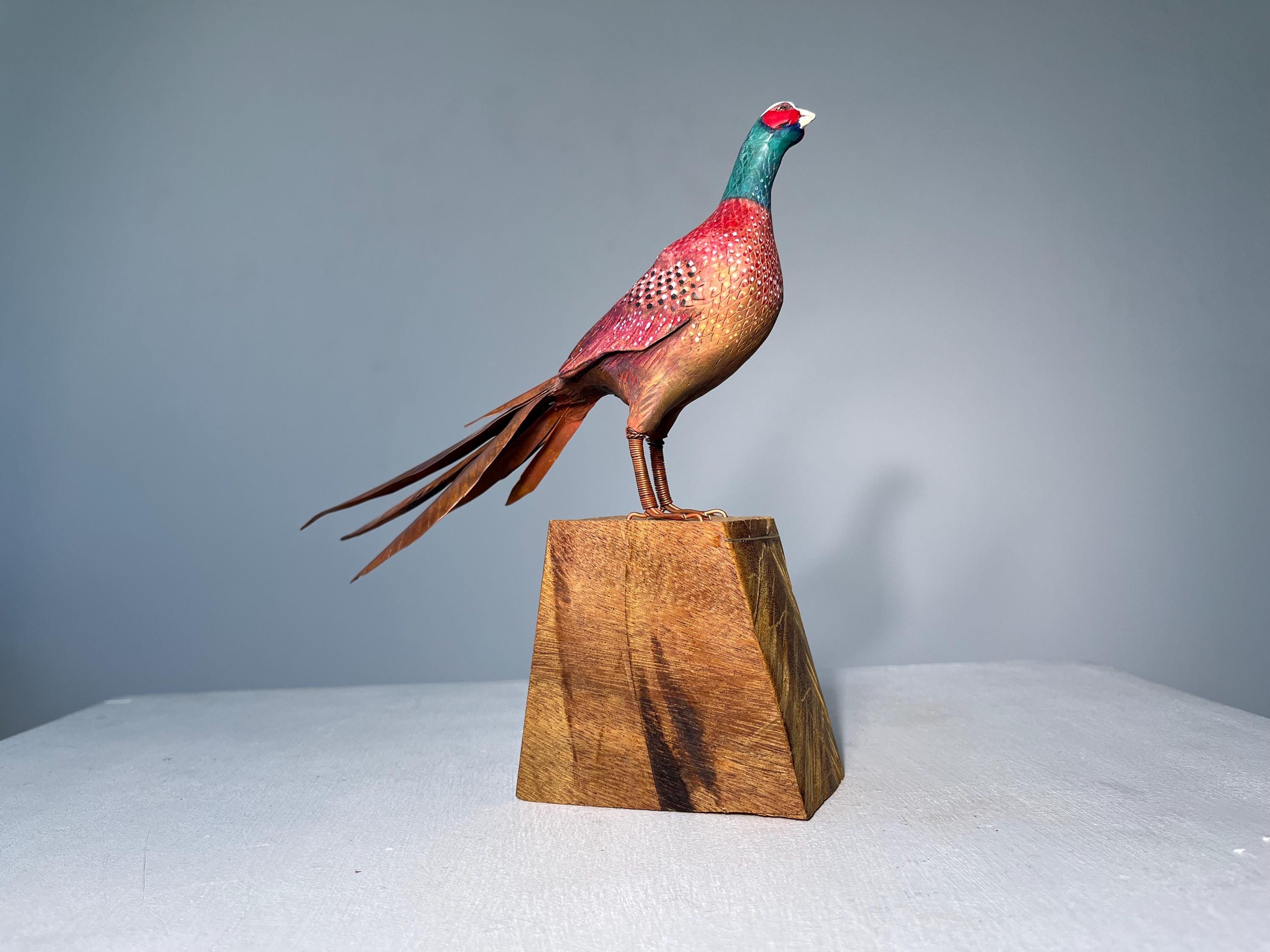 Hand-carved Pheasant Sculpture, Detailed Bird Figurine, Copper Tail ...
