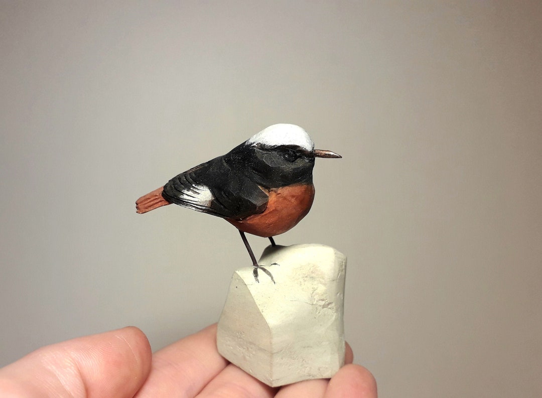 Red Bird Figure, Wooden Bird Collection, Redstart Sculpture, Realistic ...