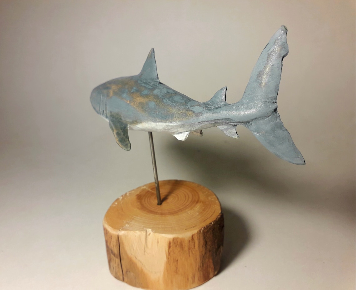 Shark Sculpture, Wooden Shark Figurine, Fish Collectors, Hand Carved ...