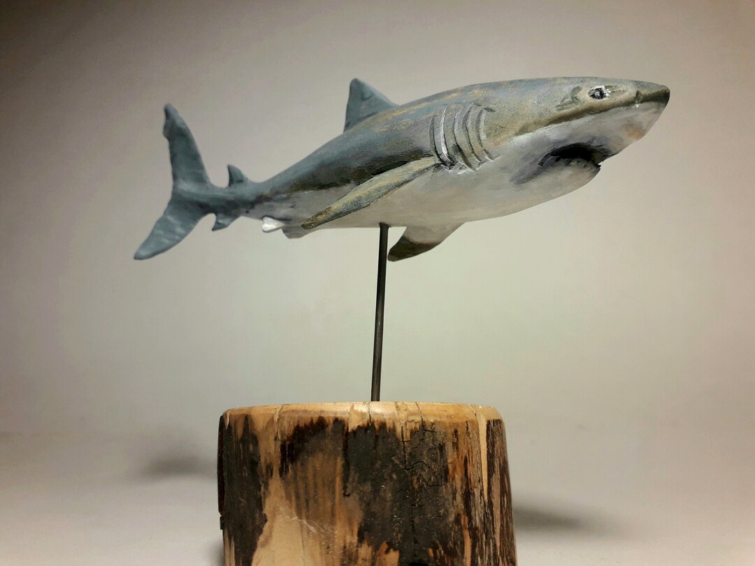Shark Sculpture, Wooden Shark Figurine, Fish Collectors, Hand Carved ...