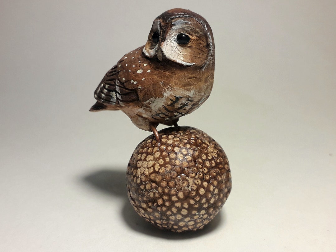 Hand-carved Tawny Owl Figurine, Detailed Wooden Sculpture, Watercolor ...
