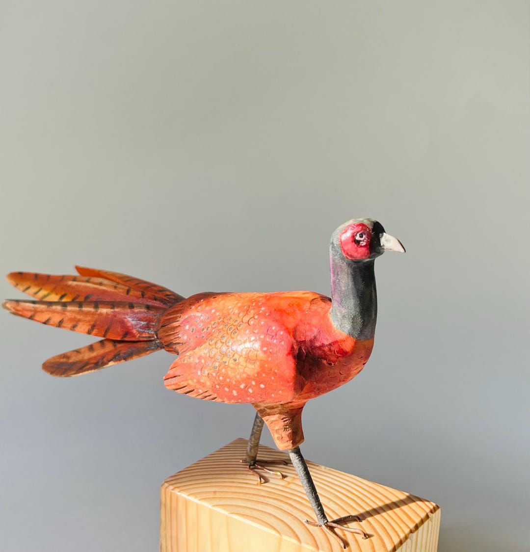Hand Carved Wooden Pheasant Sculpture, Naturalistic Bird Figurine ...