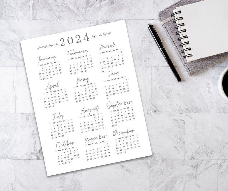 2024 Year Calendar Printable, SUNDAY Start, Year Overview 2024, One ...