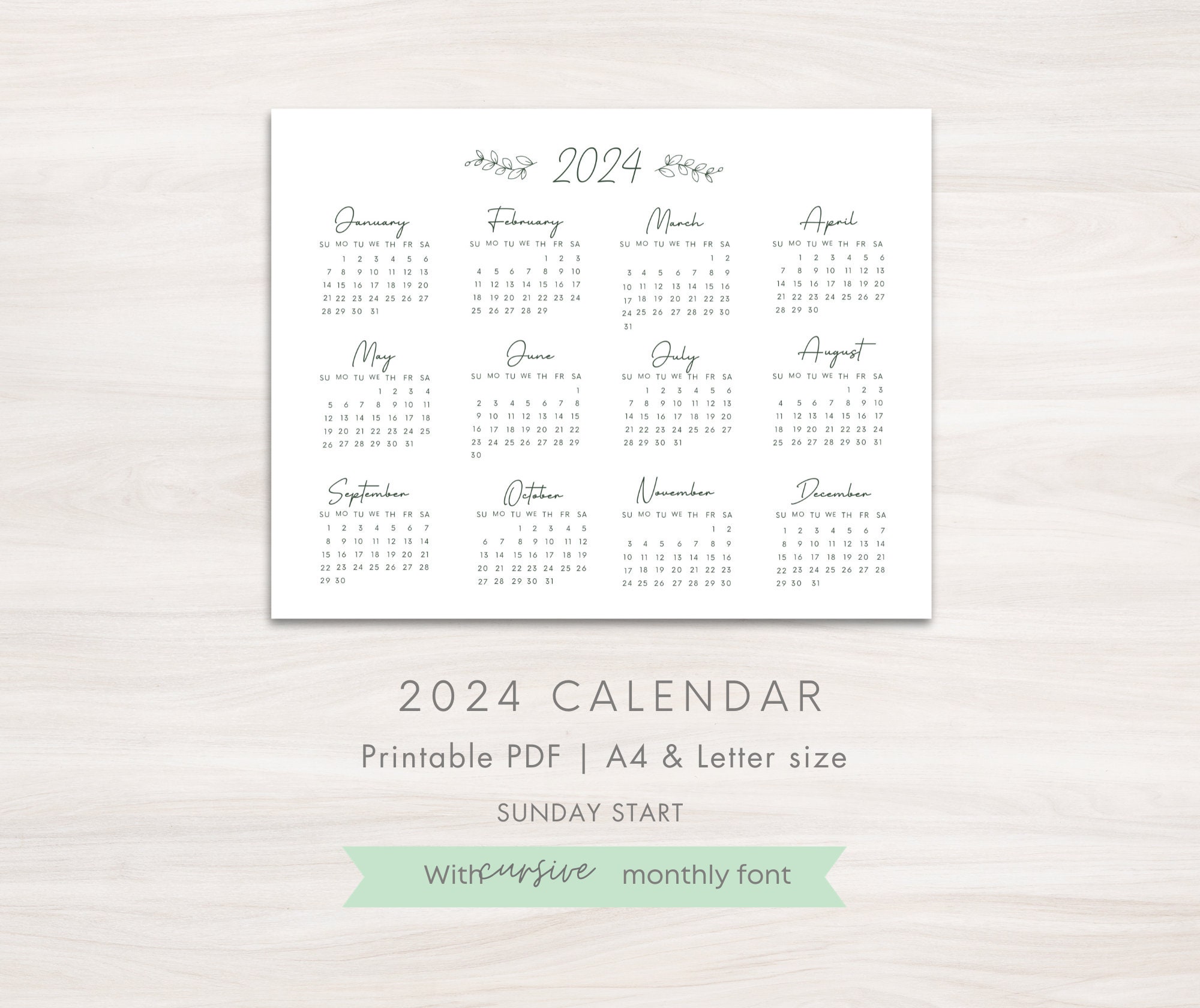 2024 Year Calendar Printable, SUNDAY Start, Year Overview 2024, One ...