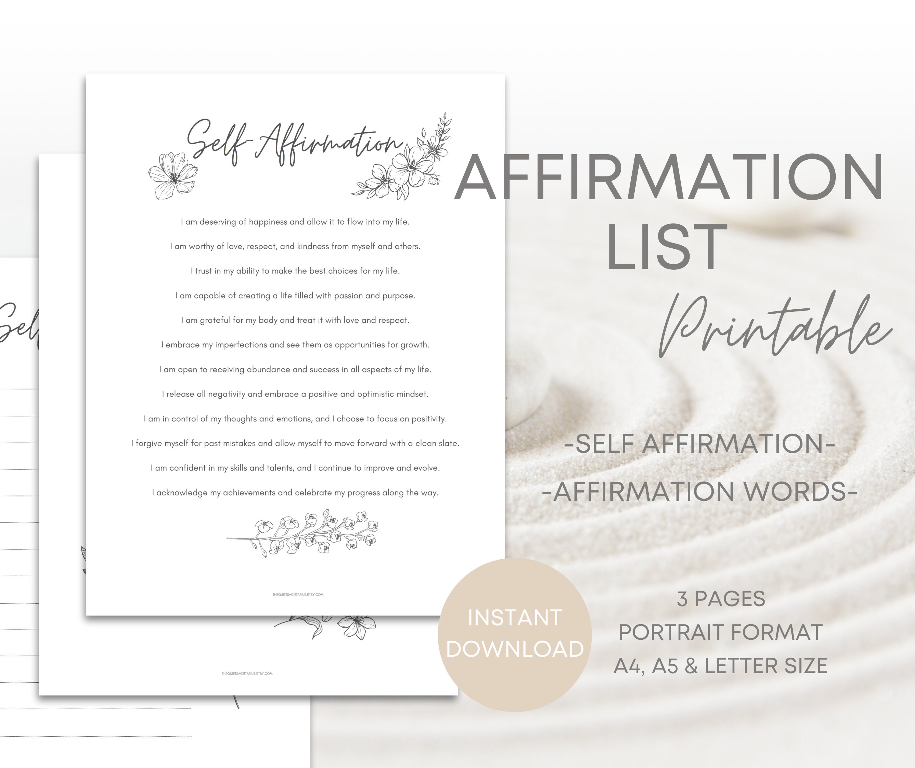 Affirmation List Printable for Journal Insert, Self-affirmation, Self Care & Affirmation Words ...