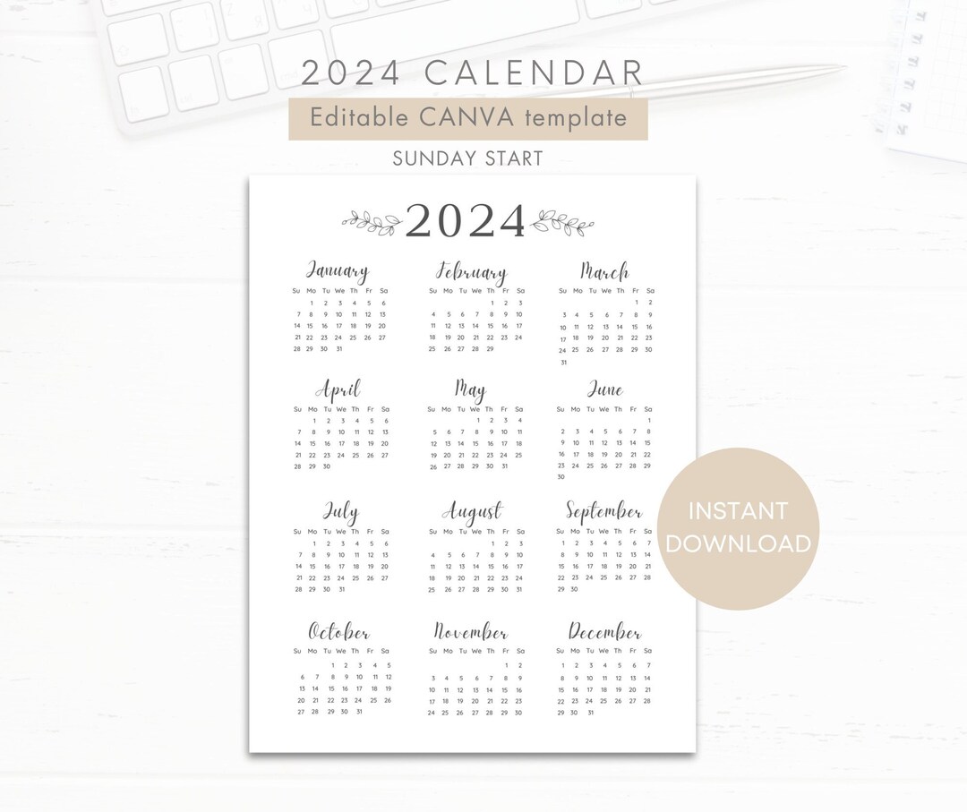 Editable 2024 Year Calendar SUNDAY Start Year Overview - Etsy Portugal
